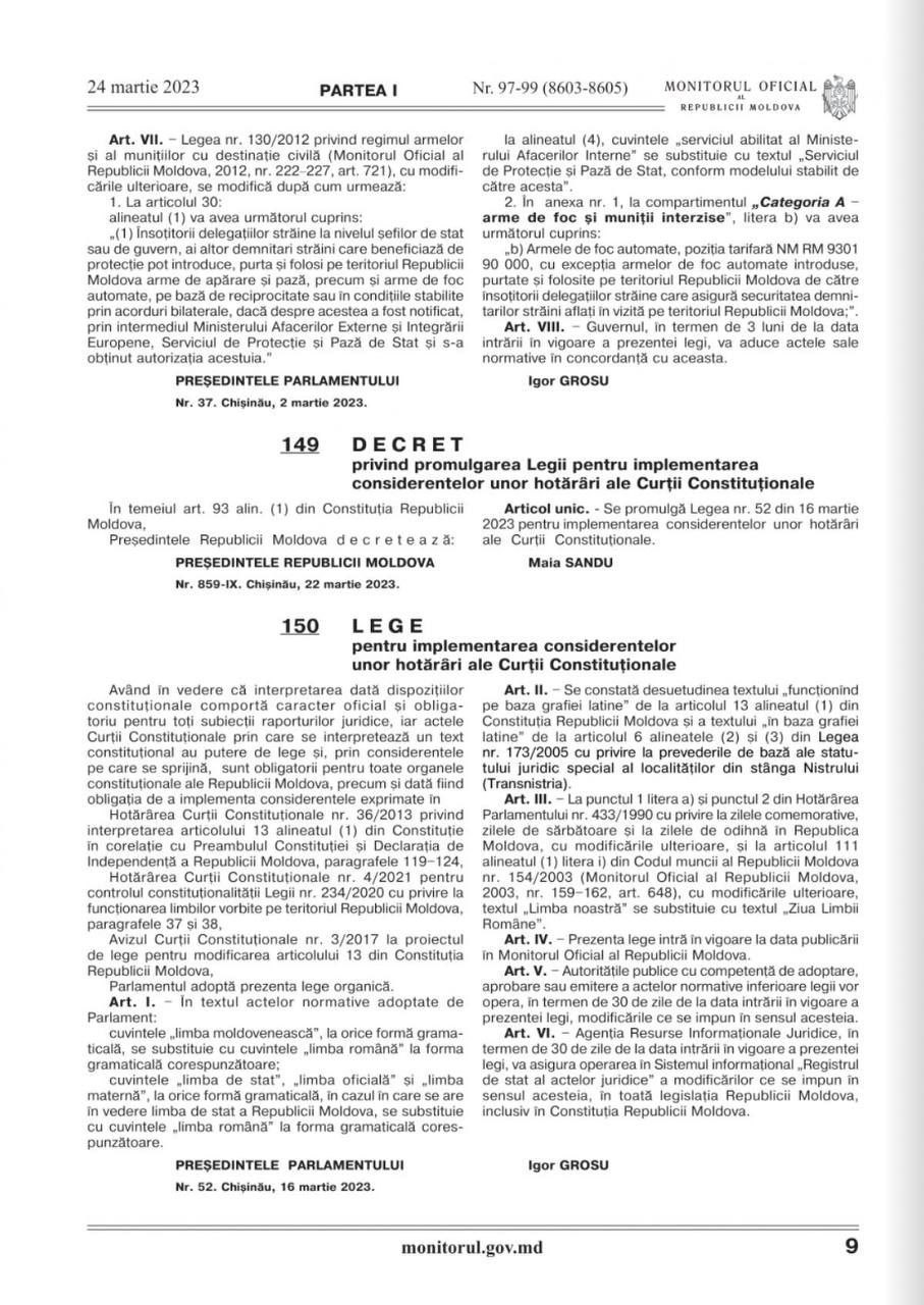 The law by which Romanian becomes the official language in Moldova ...